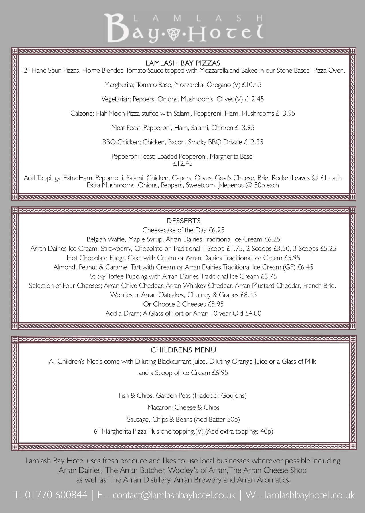 2019 Menus | LAMLASH BAY HOTEL, ISLE OF ARRAN| 2020
