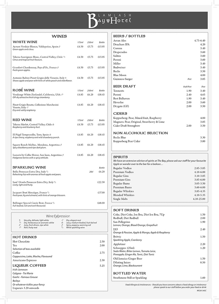 2017 Menus | LAMLASH BAY HOTEL, ISLE OF ARRAN| 2018